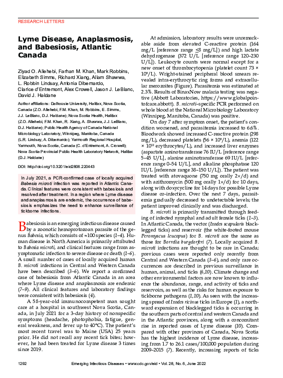 (PDF) Lyme Disease, Anaplasmosis, and Babesiosis, Atlantic Canada | Farhan M.khan - Academia.edu