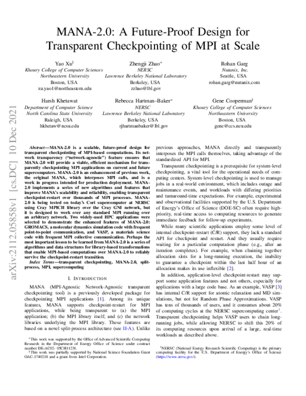 (PDF) MANA-2.0: A Future-Proof Design for Transparent Checkpointing of MPI at Scale | Yao Xu ...