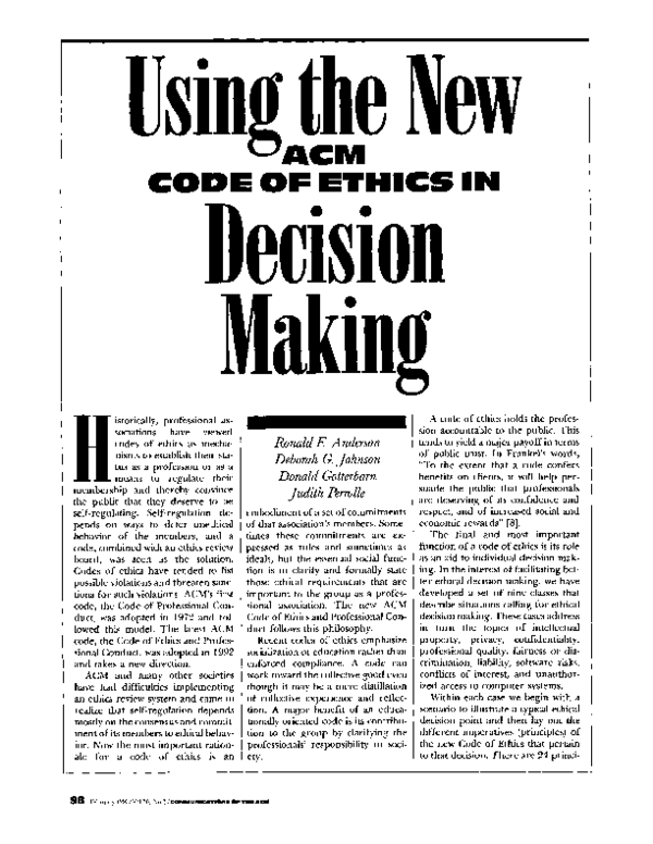 (PDF) Using the new ACM code of ethics in decision making