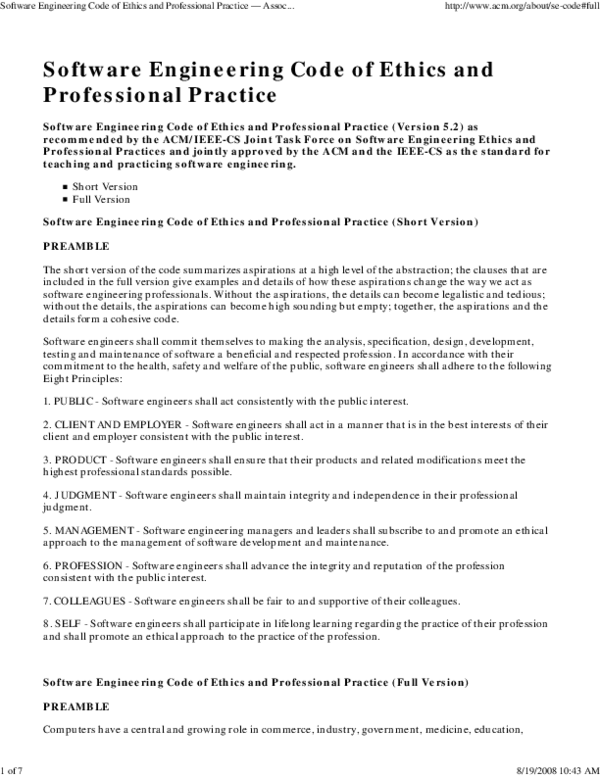 (PDF) Software Engineering Code of Ethics and Professional Practice