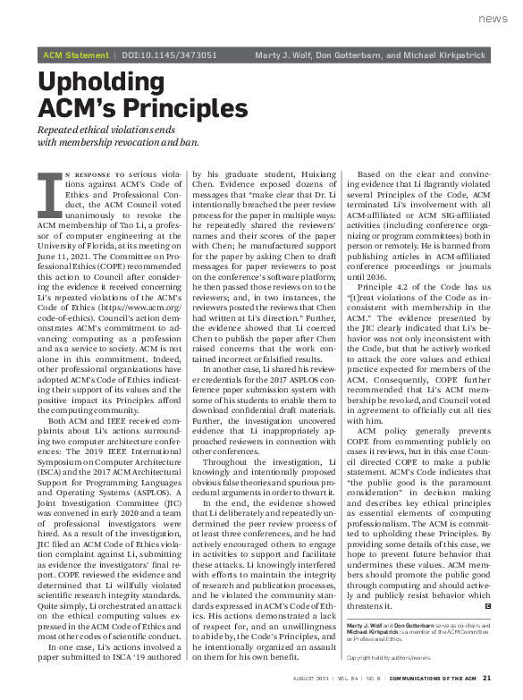 (PDF) Upholding ACM's principles