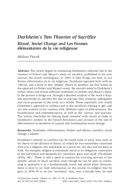 (PDF) Durkheim’s Two Theories of Sacrifice: Ritual, Social Change and ...