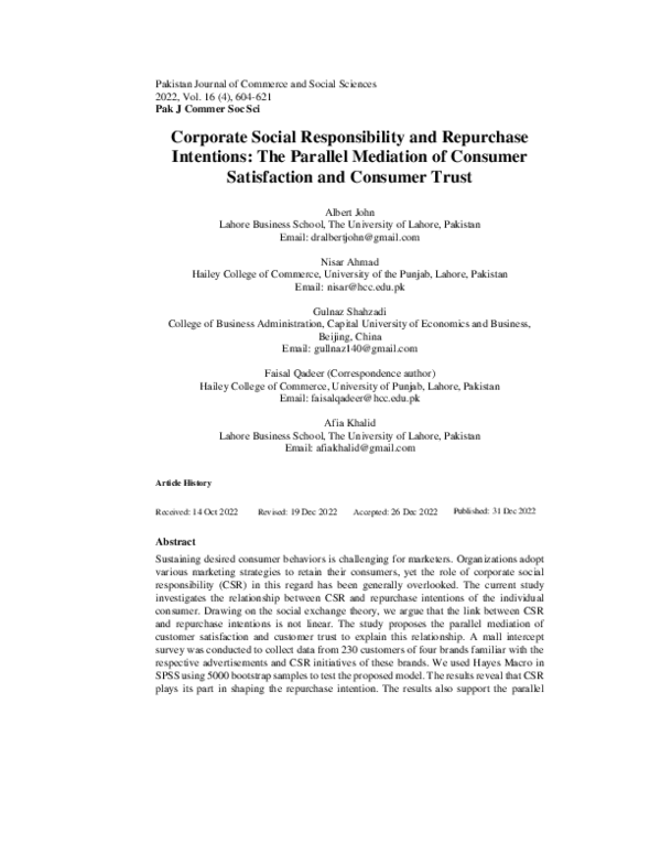 (PDF) Corporate Social Responsibility and Repurchase Intentions: The Parallel Mediation of ...