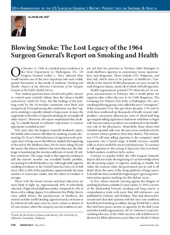 (PDF) Blowing smoke: the lost legacy of the 1964 Surgeon General's ...