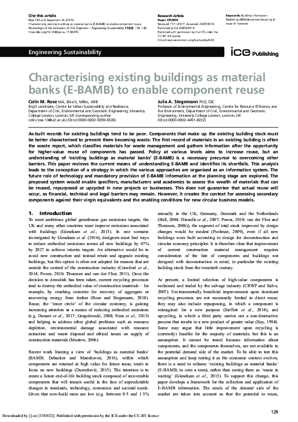 (PDF) Characterising existing buildings as material banks (E-BAMB) to enable component reuse