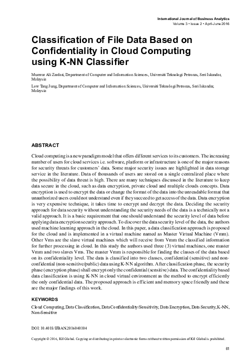 Pdf Classification Of File Data Based On Confidentiality In Cloud Computing Using K Nn Classifier