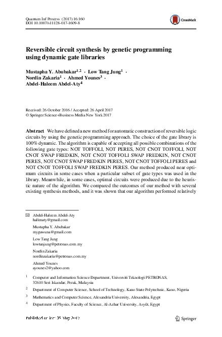 Pdf Reversible Circuit Synthesis By Genetic Programming Using Dynamic Gate Libraries