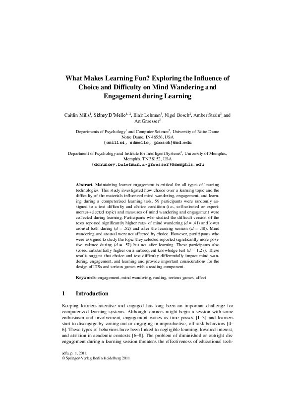 (PDF) What Makes Learning Fun? Exploring the Influence of Choice and Difficulty on Mind ...