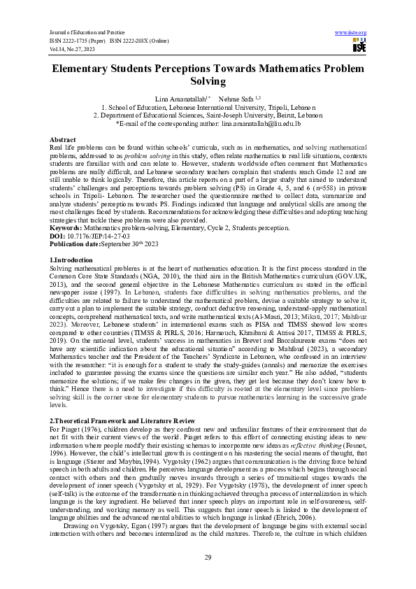 (PDF) Elementary Students Perceptions Towards Mathematics Problem Solving