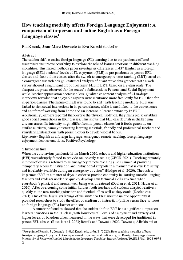 (DOC) How teaching modality affects Foreign Language Enjoyment: A ...