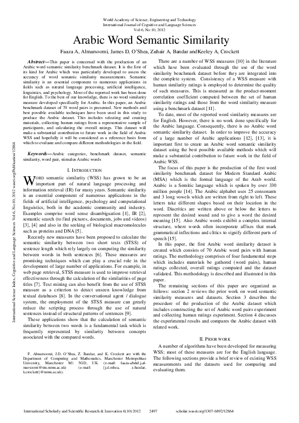 (PDF) Arabic Word Semantic Similarity
