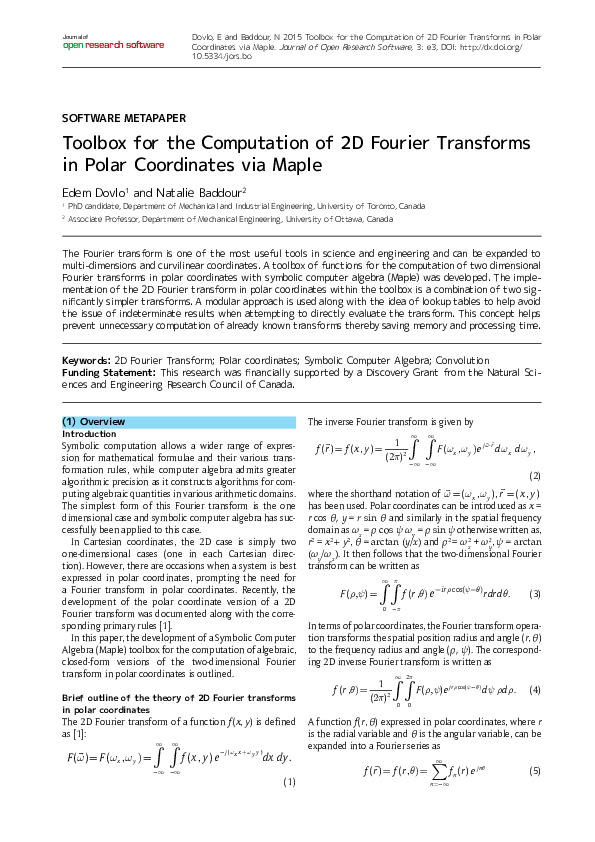 Pdf Toolbox For The Computation Of 2d Fourier Transforms In Polar Coordinates Via Maple Edem 