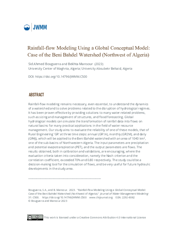 (PDF) Rainfall-flow Modeling Using a Global Conceptual Model: Case of the Beni Bahdel Watershed ...