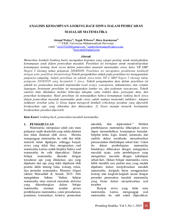 (PDF) Analisis Kemampuan Looking Back Siswa Dalam Pemecahan Masalah Matematika