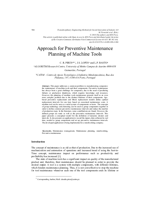(PDF) Approach for Preventive Maintenance Planning of Machine Tools