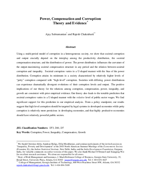 (PDF) Power, Compensation and Corruption: Theory and Evidence