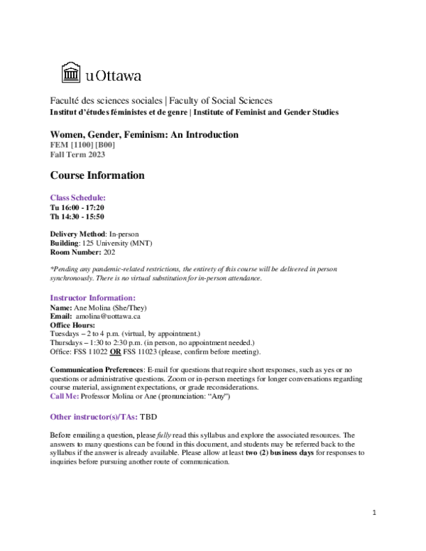 (PDF) Syllabus - FEM 1100: Women, Gender, Feminism: An Introduction