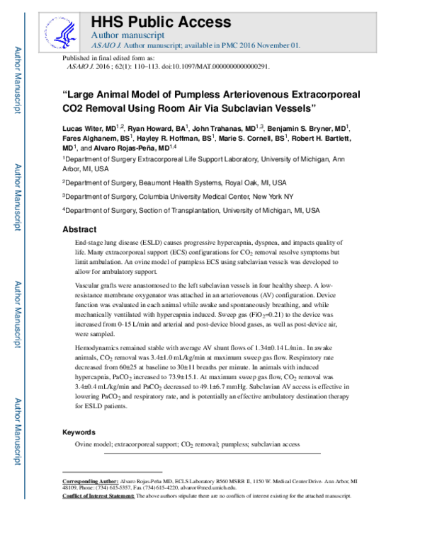 (PDF) Large Animal Model of Pumpless Arteriovenous Extracorporeal CO2 ...