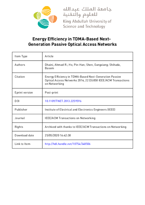 (PDF) Energy Efficiency in TDMA-Based Next-Generation Passive Optical Access Networks
