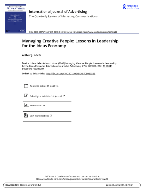 (PDF) Managing Creative People: Lessons in Leadership for the Ideas Economy