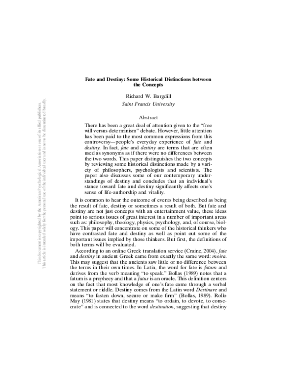 (PDF) Fate and destiny: Some historical distinctions between the concepts