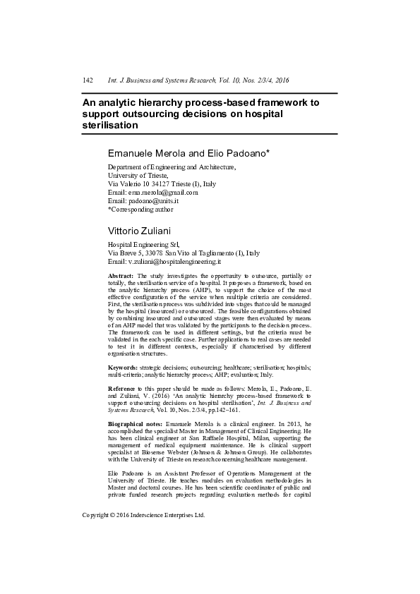 Pdf An Analytic Hierarchy Process Based Framework To Support Outsourcing Decisions On Hospital