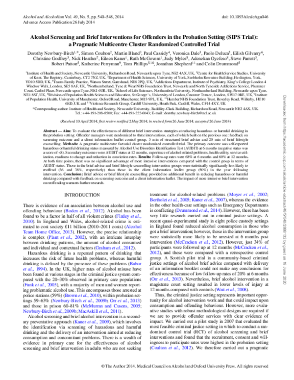(PDF) Alcohol Screening and Brief Interventions for Offenders in the Probation Setting (SIPS ...