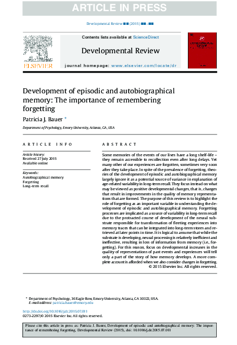 (PDF) Development of Episodic and Autobiographical Memory: A Cognitive Neuroscience Perspective