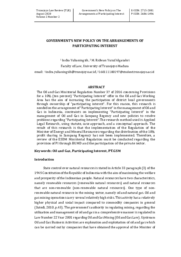(PDF) Government's New Policy on the Arrangements of Participating Interest