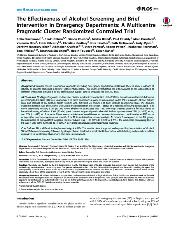 (PDF) The Effectiveness of Alcohol Screening and Brief Intervention in Emergency Departments: A ...