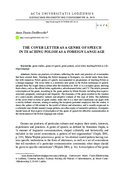 (PDF) The cover letter as a genre of speech in teaching Polish as a ...