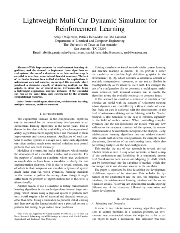 (PDF) Lightweight Multi Car Dynamic Simulator for Reinforcement Learning