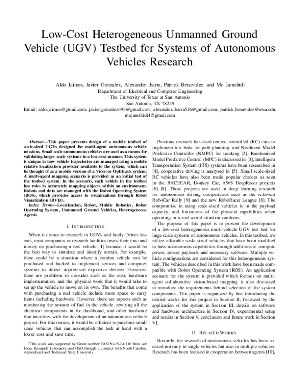 (PDF) Low-Cost Heterogeneous Unmanned Ground Vehicle (UGV) Testbed for ...