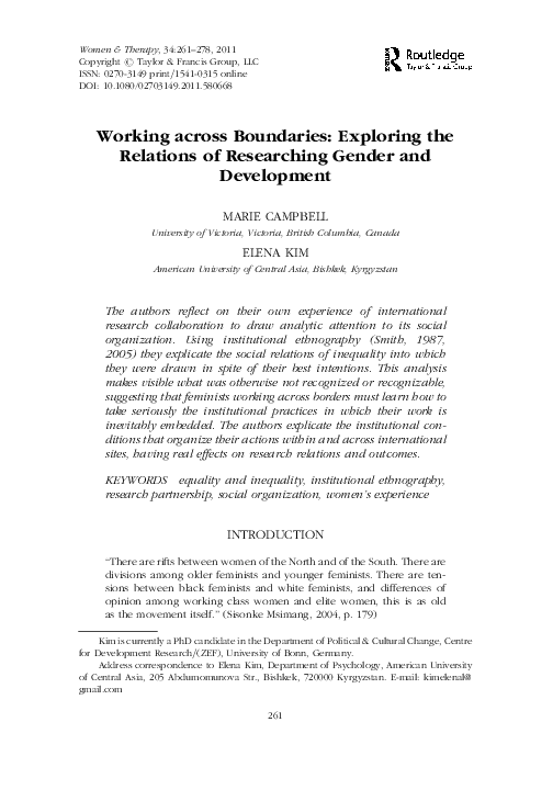 (PDF) Working across Boundaries: Exploring the Relations of Researching Gender and Development