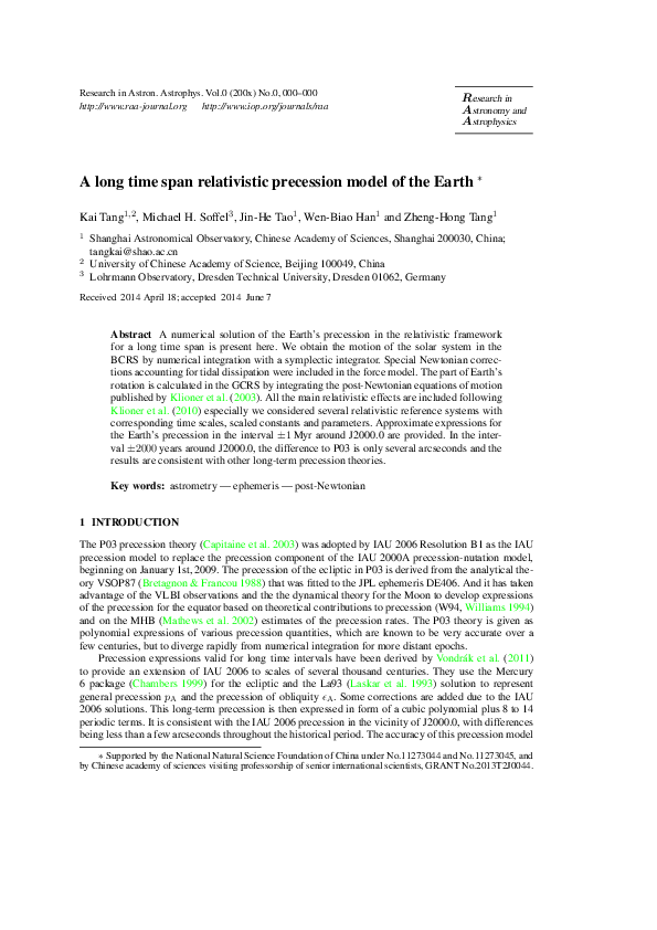 (PDF) A long time span relativistic precession model of the Earth ...