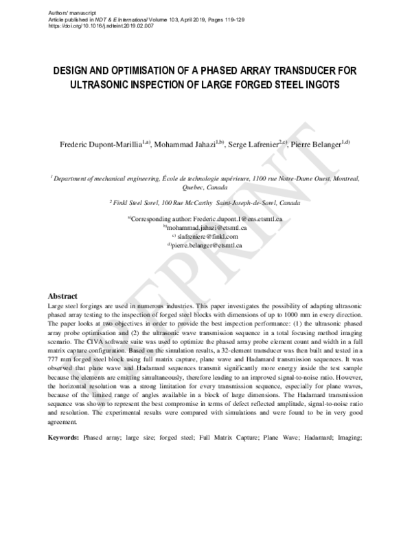 (PDF) Design and optimisation of a phased array transducer for ultrasonic inspection of large ...