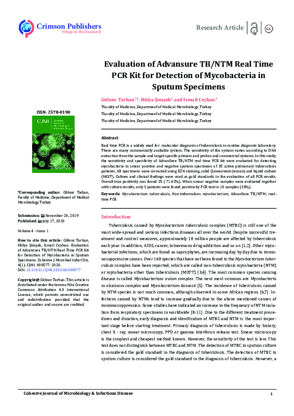 (PDF) Evaluation of Advansure TB/NTM Real Time PCR Kit for Detection of ...