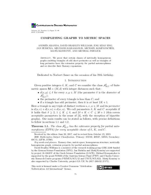 (PDF) Extending metrically homogeneous graphs without odd triangles