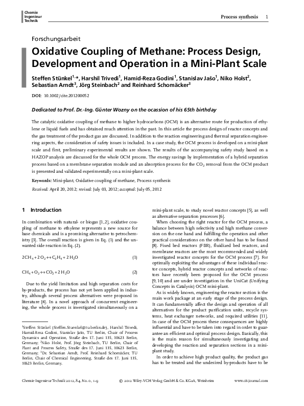 Pdf Oxidative Coupling Of Methane Process Design Development And