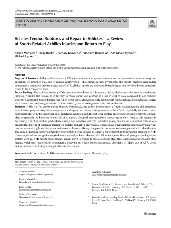 (PDF) Achilles Tendon Ruptures and Repair in Athletes—a Review of ...