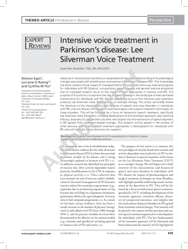 (PDF) Intensive voice treatment in Parkinson’s disease: Lee Silverman ...