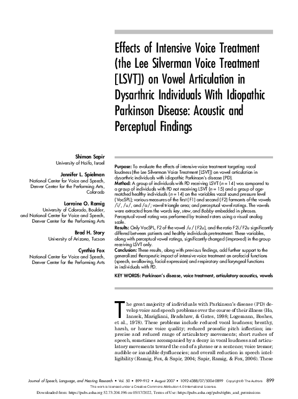 (PDF) Effects of Intensive Voice Treatment (the Lee Silverman Voice ...