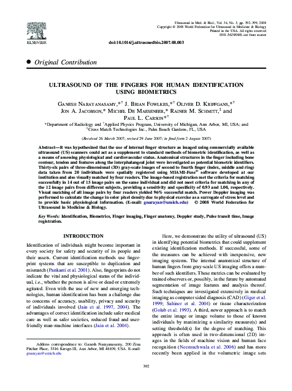 (PDF) Ultrasound of the Fingers for Human Identification Using Biometrics