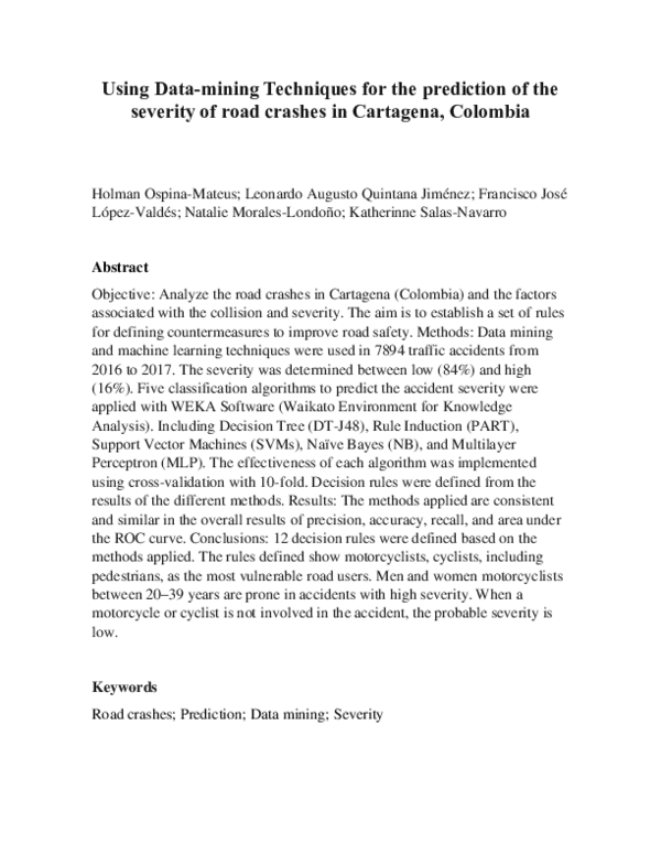 (PDF) Using Data-Mining Techniques for the Prediction of the Severity of Road Crashes in ...