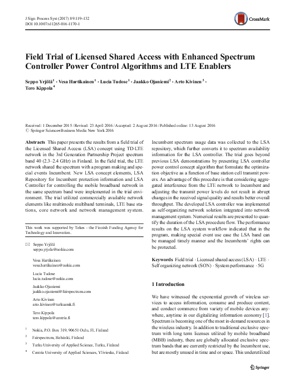 (PDF) Field Trial of Licensed Shared Access with Enhanced Spectrum ...