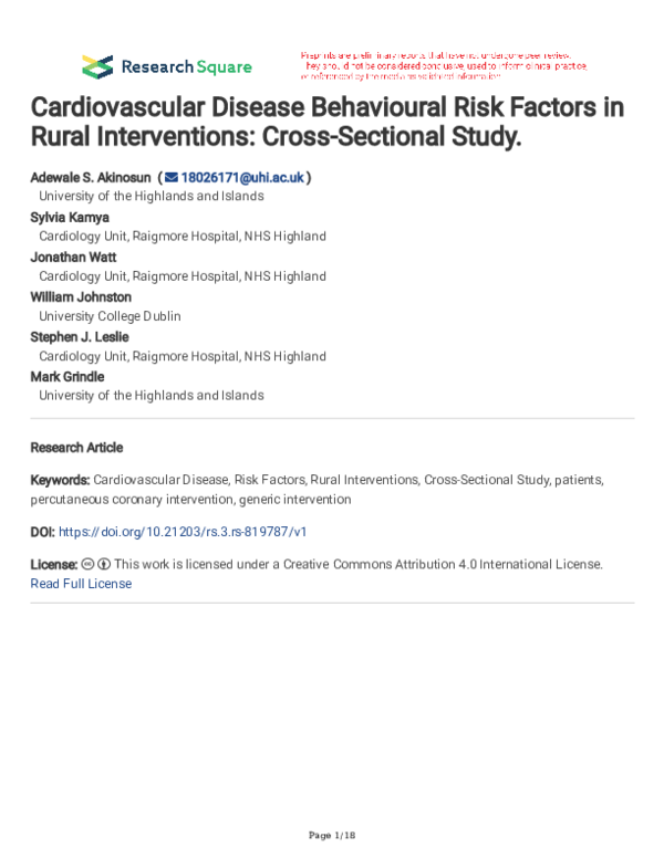 (PDF) Cardiovascular Disease Behavioural Risk Factors in Rural Interventions: Cross-Sectional Study