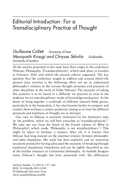 (PDF) Editorial Introduction: For a Transdisciplinary Practice of Thought