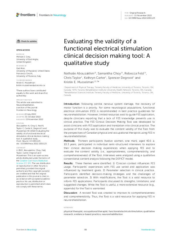 (PDF) Evaluating the validity of a functional electrical stimulation clinical decision making ...