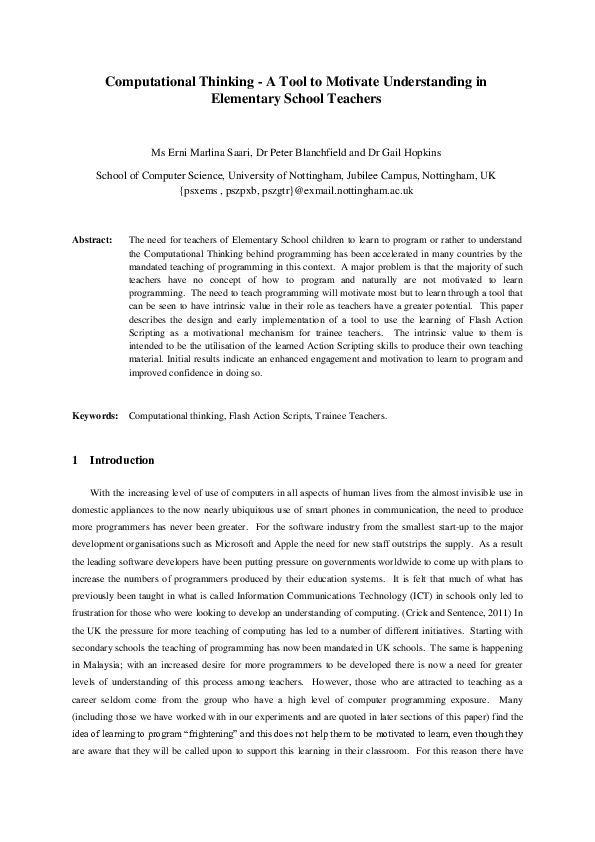 (PDF) Computational Thinking: A Tool to Motivate Understanding in ...