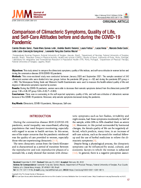 (PDF) Comparison of Climacteric Symptoms, Quality of Life, and Self ...